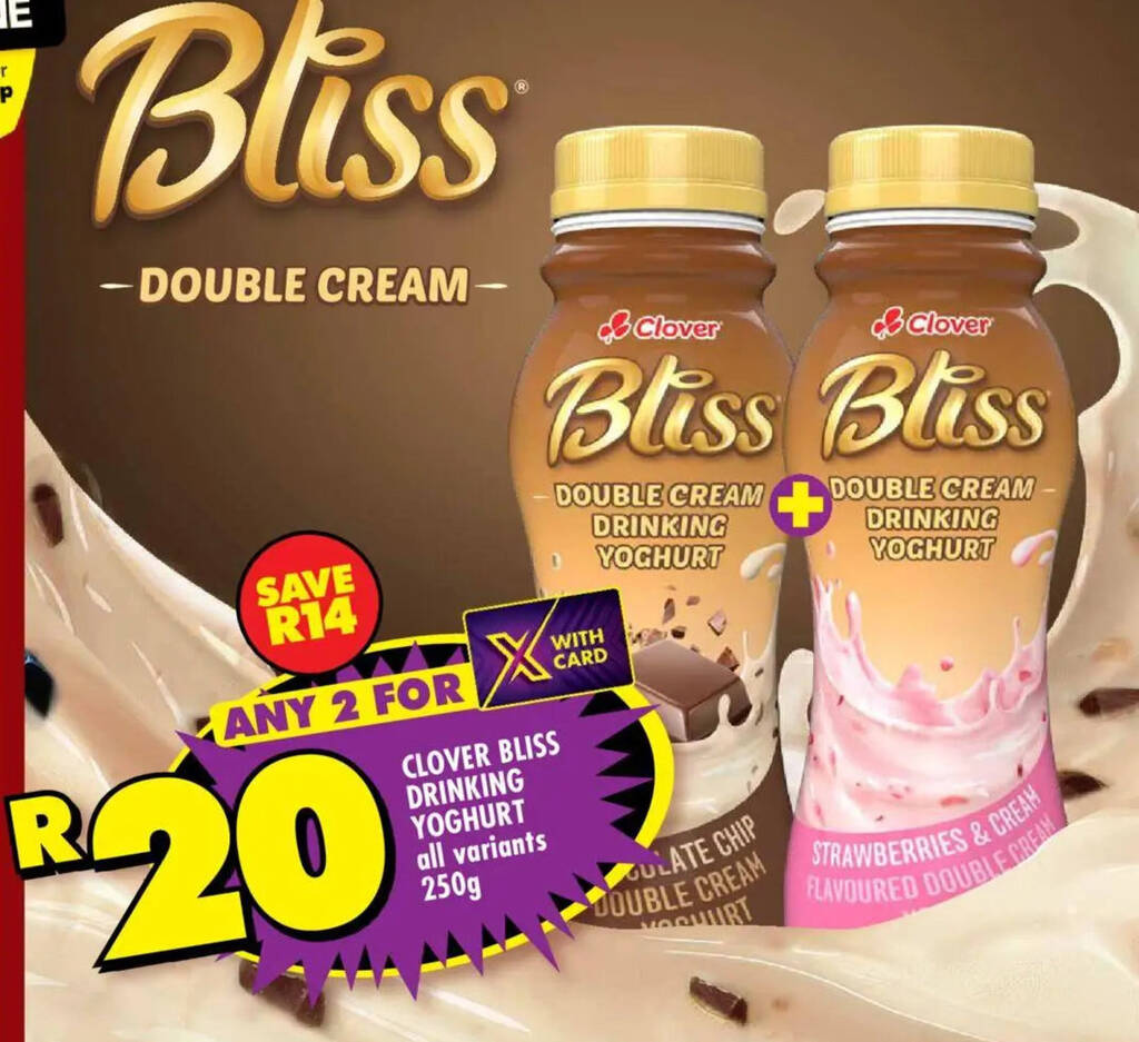 Clover bliss drinking yoghurt 2 x 250 g offer at Shoprite