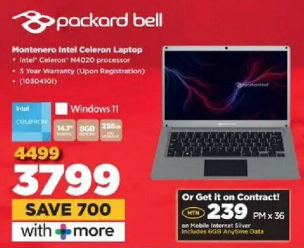 Packard Bell Montenero Intel Celeron Laptop offer at HiFi Corp