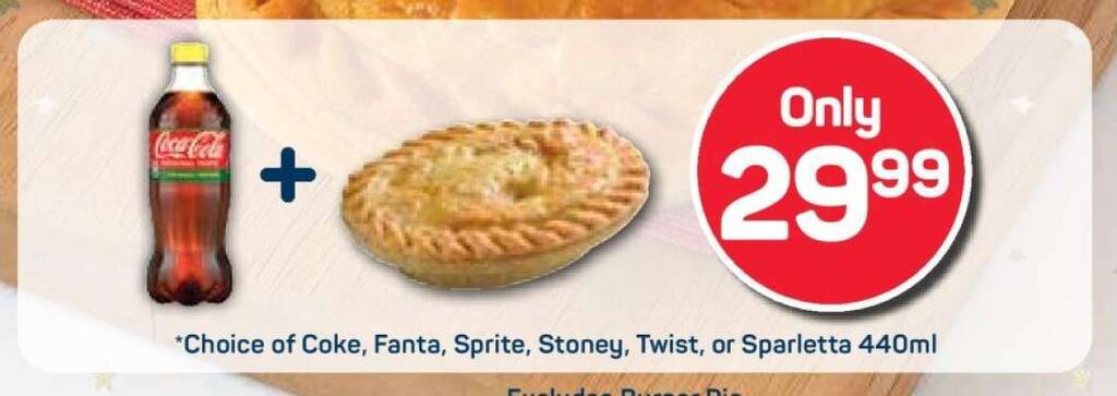 Choice of Coke, Fanta, Sprite, Stoney, Twist, or Sparletta 440ml + Pie ...
