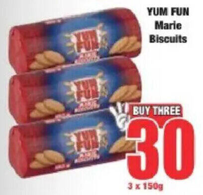 YUM FUN Marie Biscuits 3 x 150 g offer at Boxer Valid from 19-11-2025