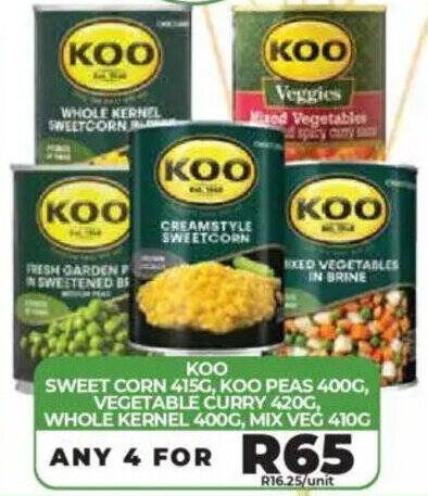 Koo sweet corn, koo peas, vegetable curry, whole kernel, mix veg offer ...