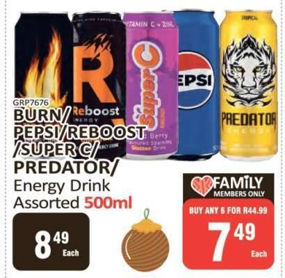BURN/PEPSI/REBOOST/SUPER C/PREDATOR Energy Drink Assorted 500ml offer ...