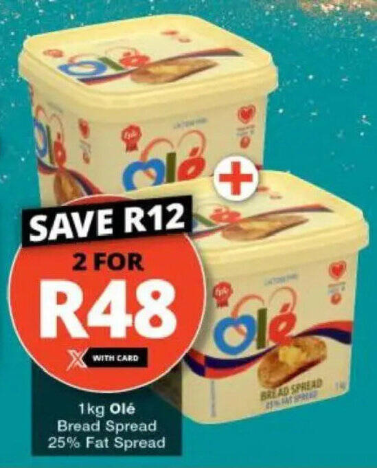 Olé Bread Spread 25% Fat Spread 2 x 1 kg offer at Checkers