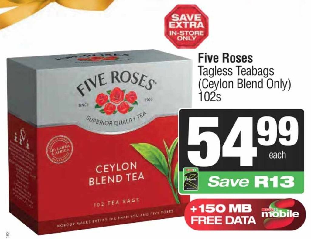 Five Roses Tagless Teabags 102's offer at Spar