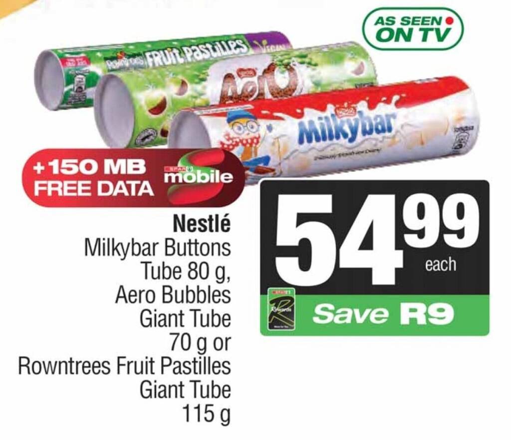Nestlé Milkybar Buttons Tube, Aero Bubbles Giant Tube or Rowntrees Fruit Pastilles Giant Tube ...