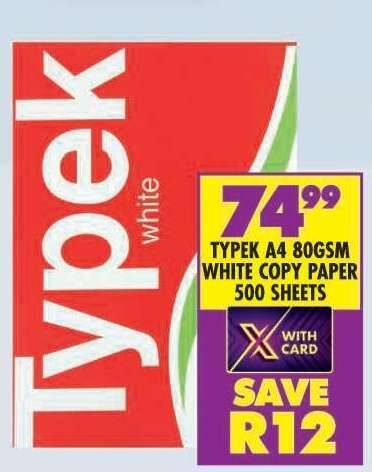TYPEK A4 80GSM WHITE COPY PAPER 500 SHEETS offer at Shoprite