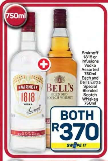 Smirnoff 1818 Vodka & Bell's Scotch Whiskey offer at Pick n Pay Hypermarket