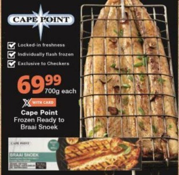 Cape Point Frozen Ready to Braai Snoek 700g each offer at Checkers