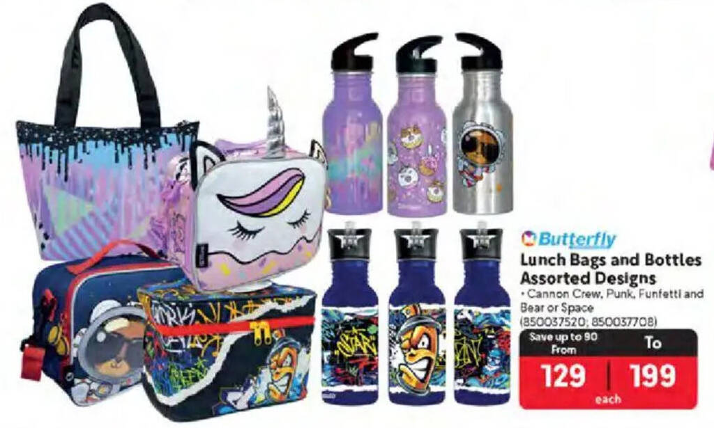 Butterfly Lunch Bags and Bottles Assorted Designs offer at Makro