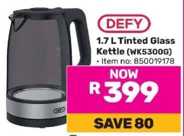 DEFY 1.7 L Tinted Glass Kettle (WK5300G) offer at Game