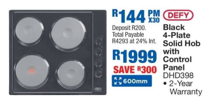 DEFY Black 4-Plate Solid Hob with Control Panel DHD398 offer at OK ...