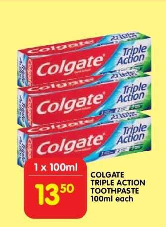 COLGATE TRIPLE ACTION TOOTHPASTE 100ml each offer at Shoprite
