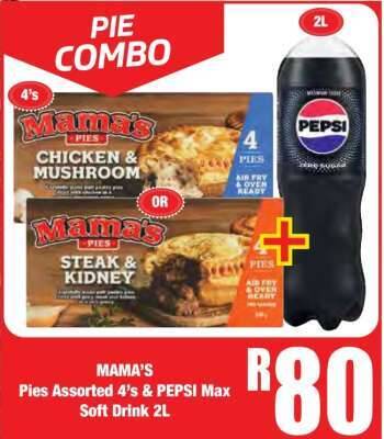 MAMA'S Pies Assorted 4's & PEPSI Max Soft Drink 2L offer at Boxer