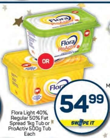 Flora Light 40%, Regular 50% Fat Spread 1kg Tub or ProActiv 500g Tub ...