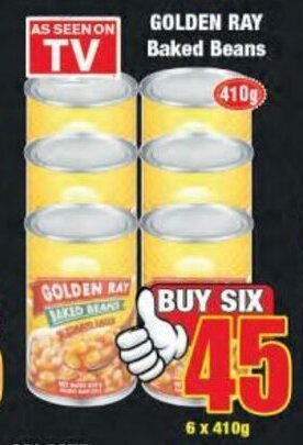 Golden Ray Baked Beans 6x410g offer at Boxer