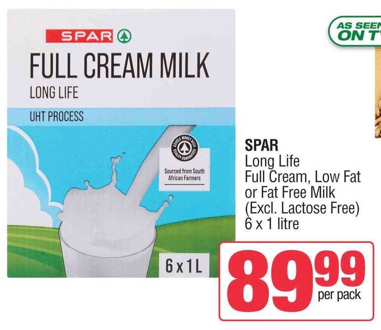 SPAR Long Life Full Cream, Low Fat or Fat Free Milk 6 x 1 L offer at Spar