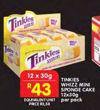 TINKIES WHIZZ MINI SPONGE CAKE 12x30g offer at Shoprite