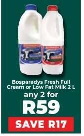 Bosparadys Fresh Full Cream or Low Fat Milk 2 L offer at Food Lover's ...