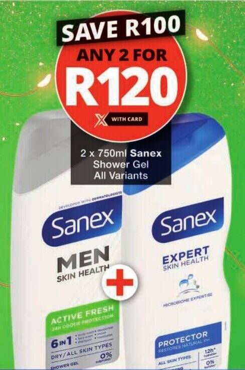 Sanex Shower Gel All Variants 2 x 750 ml offer at Checkers