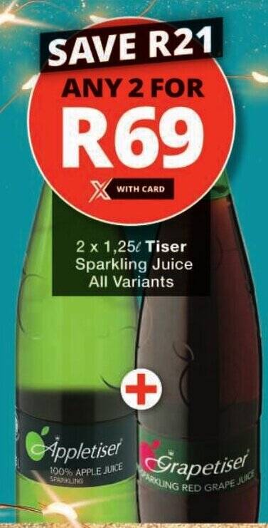 Tiser Sparkling Juice All Variants 2 x 1.25 l offer at Checkers