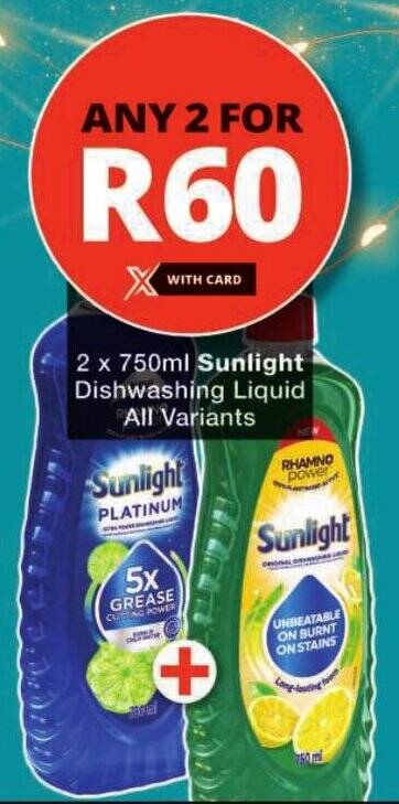 Sunlight Dishwashing Liquid All Variants 2 x 750 ml offer at Checkers