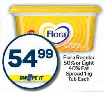 Flora Regular 50% or Light 40% Fat Spread Tub 1 kg offer at Pick n Pay