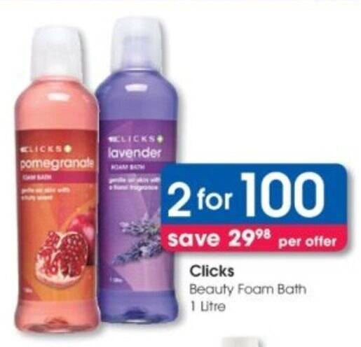 Clicks Beauty Foam Bath 2 x 1 L offer at Clicks