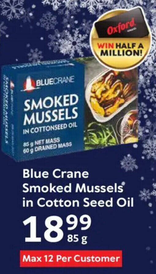 Blue Crane Smoked Mussels in Cotton Seed Oil 85 g offer at Oxford ...