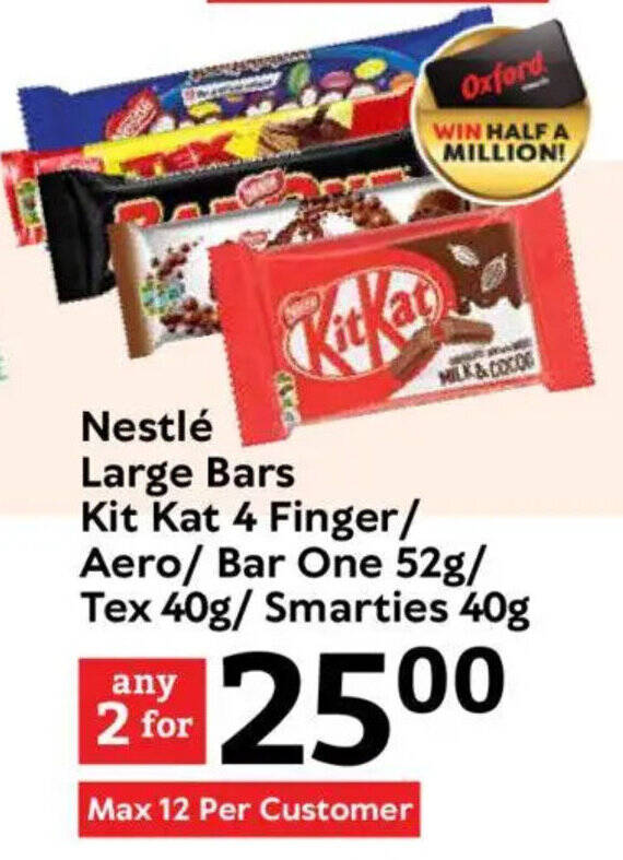 Nestlé Large Bars Kit Kat 4 Finger/ Aero/ Bar One/ Tex/ Smarties offer ...