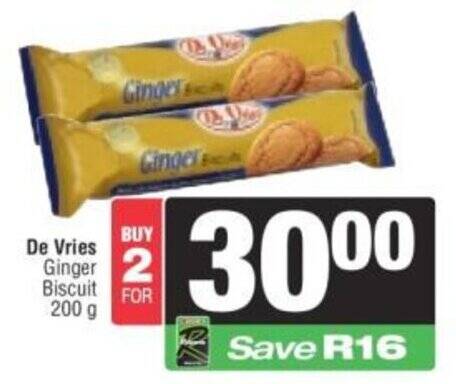 De Vries Ginger Biscuit 2 x 200 g offer at Spar