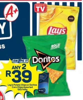 Lay’s Potato Chips or Doritos Corn Chips Assorted 120/145g offer at ...
