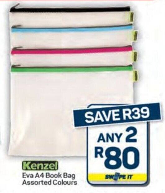 Kenzel Eva A4 Book Bag Assorted Colours offer at Pick n Pay Hypermarket
