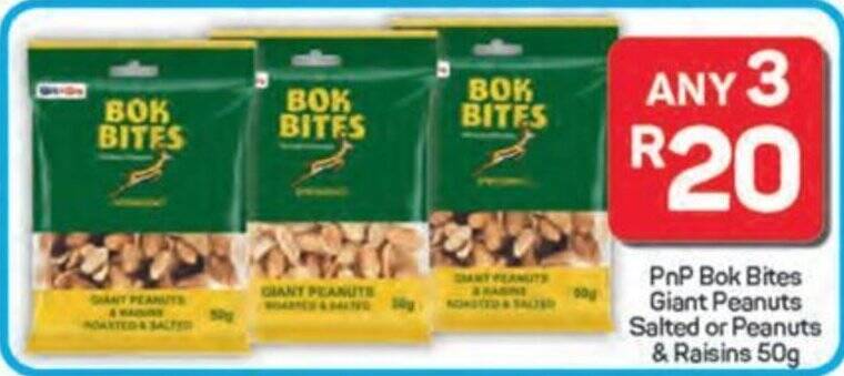 PnP Bok Bites Giant Peanuts Salted or Peanuts & Raisins 3 x 50 g offer ...