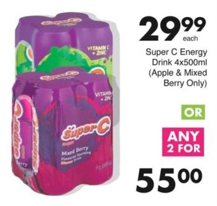 Super C Energy Drink Apple & Mixed Berry 2 x 4 x 500 ml offer at Save Hyper