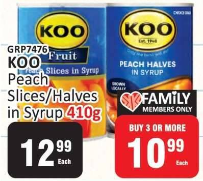KOO Peach Slices/Halves in Syrup 410g offer at KitKat Cash and Carry