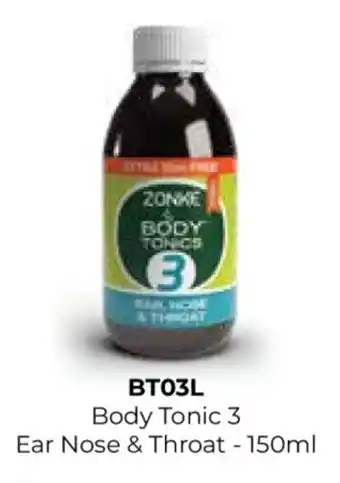 ZONKE Body Tonic 3 Ear Nose & Throat 150 ml offer at Table Charm Direct