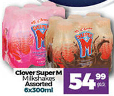 Clover Super M Milkshakes Assorted 6x300ml offer at Take 'n Pay