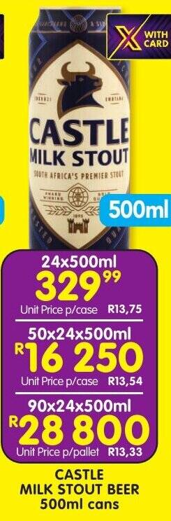 Castle milk stout beer cans 24 x 500 ml offer at Shoprite Liquor