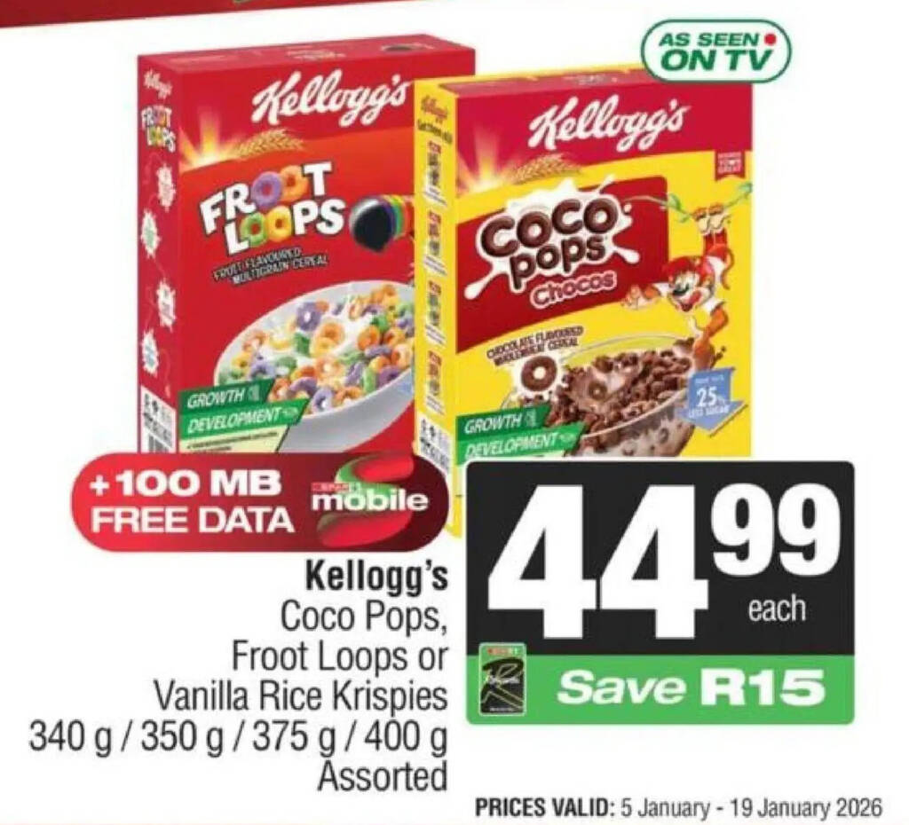 Kellogg's Coco Pops, Froot Loops or Vanilla Rice Krispies Assorted ...