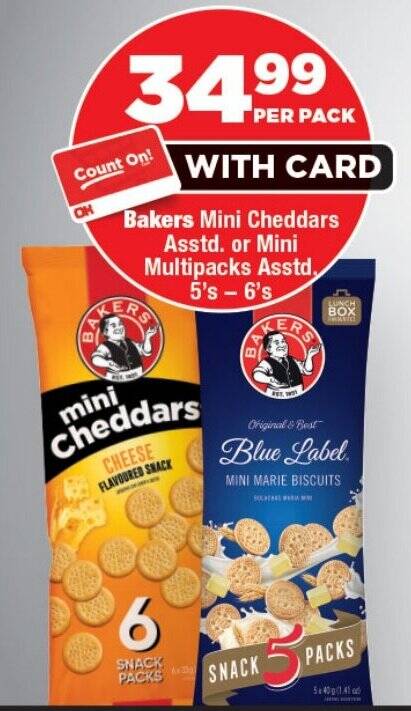 Bakers Mini Cheddars or Mini Multipacks Asstd offer at OK Foods