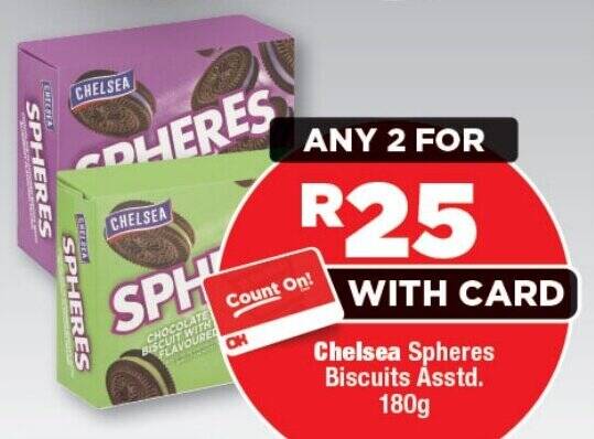 Chelsea Spheres Biscuits 2 x 180 g offer at OK Foods