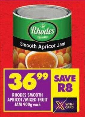 Rhodes smooth apricot/ mixed fruit jam 900 g offer at Shoprite