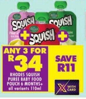 Rhodes squish puree baby food pouch 6 months+ 3 x 110 ml offer at Shoprite