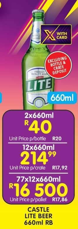 CASTLE LITE BEER 660ml RB offer at Shoprite