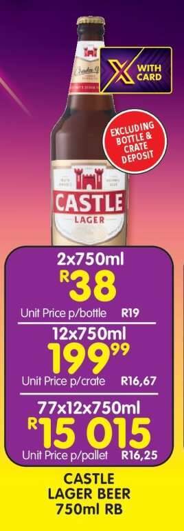 CASTLE LAGER BEER 750ml RB offer at Shoprite