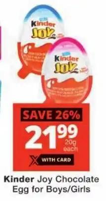 Kinder Joy Chocolate Egg for Boys/ Girls 20 g offer at Checkers