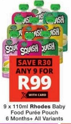 Rhodes Baby Food Purée Pouch 6 Months+ All Variants offer at Checkers