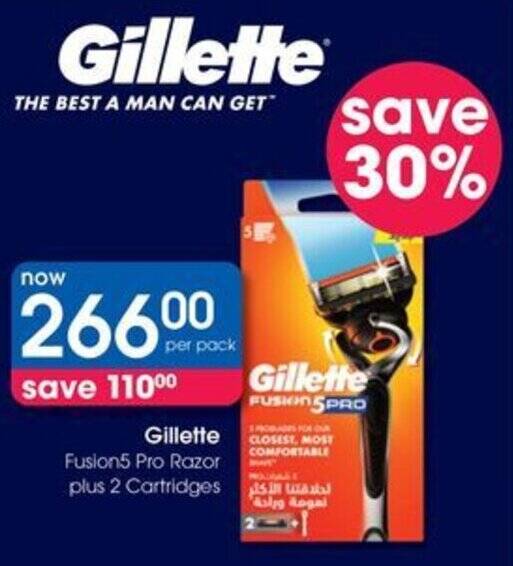 Gillette Fusion5 Pro Razor plus 2 Cartridges offer at Clicks