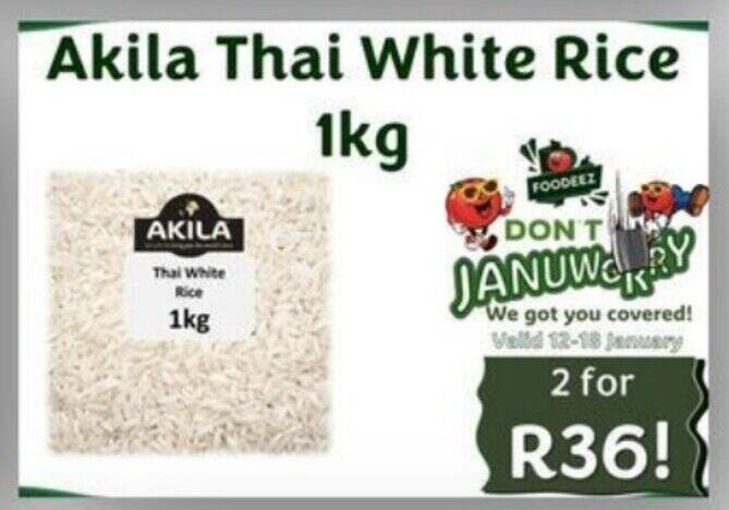 Akila Thai White Rice 2 x 1 kg offer at Foodeez