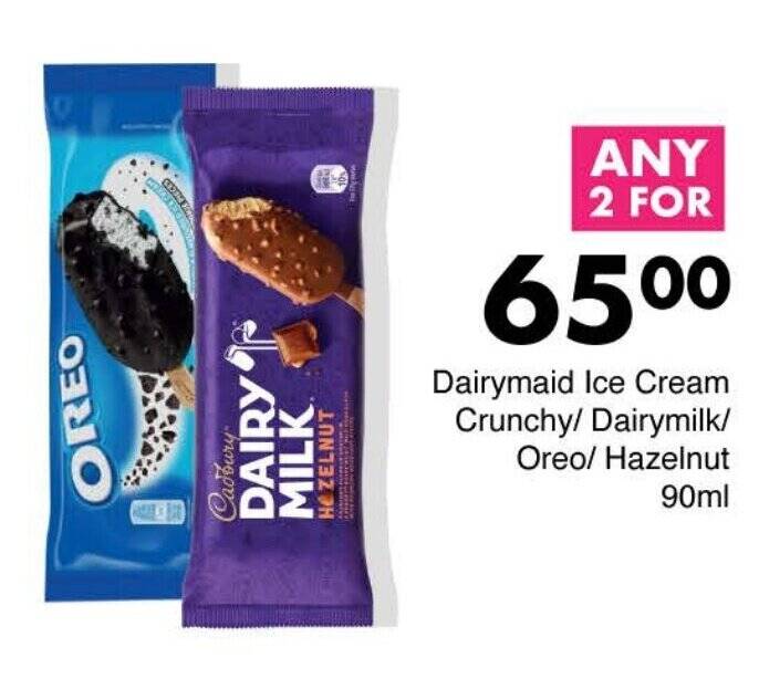 Dairymaid Ice Cream Crunchy/ Dairymilk/ Oreo/ Hazelnut 2 x 90 ml offer ...